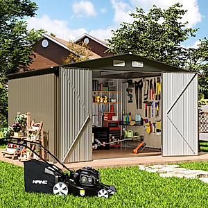 TIMWNER Large Storage Shed, 10' × 8' FT Metal Storage Shed with Lockable Door, Waterproof Shed Outdoor Use, Tool Shed with Windows for Bike, Garden, Brown