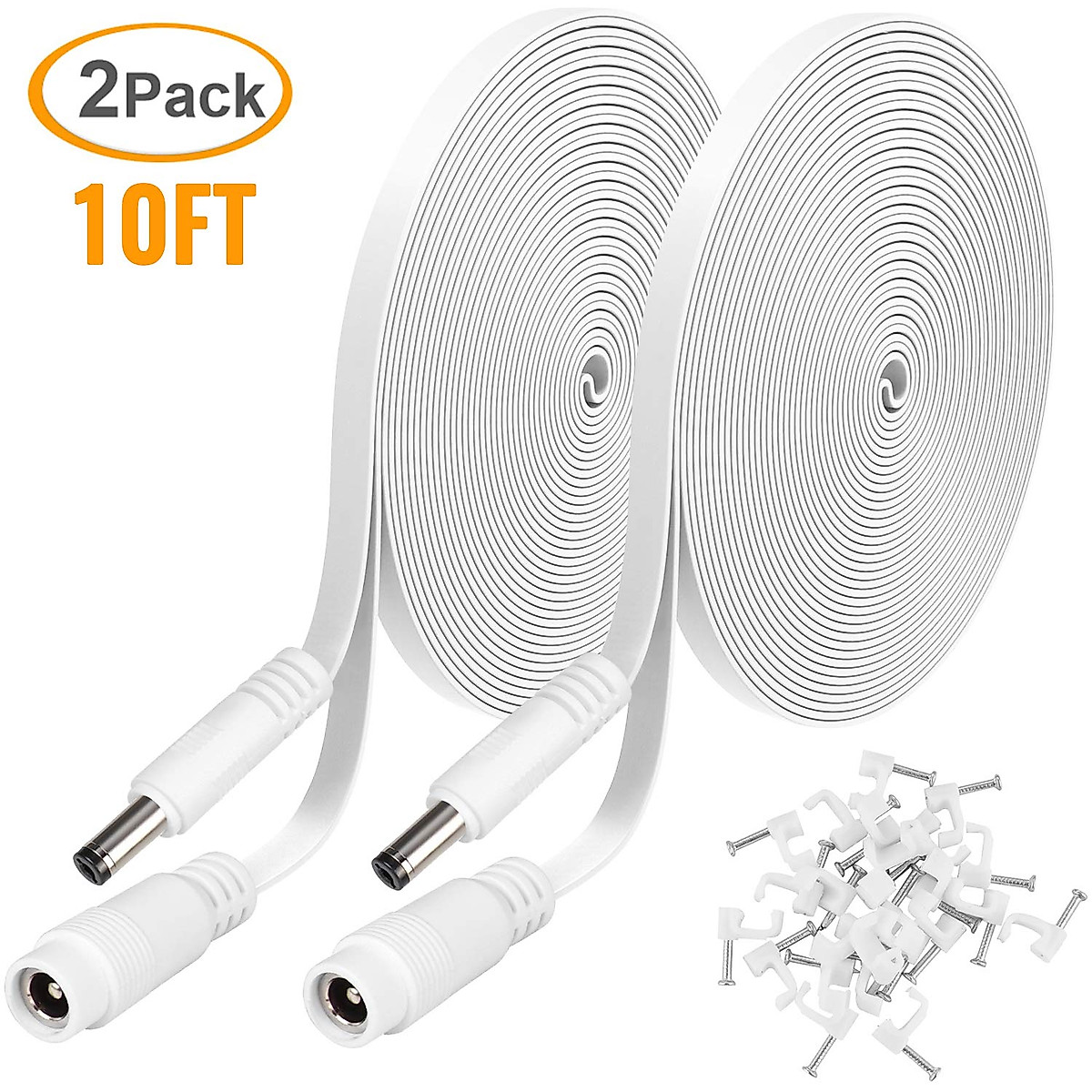 2 Pack DC Power Extension Cable 10ft 2.1mm x 5.5mm Compatible with 12V DC Adapter Cord for CCTV IP Camera, LED, Car, White