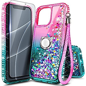 NGB Supremacy Compatible for iPhone 13 Case (6.1 inch) with Tempered Glass Screen Protector, Ring Holder/Wrist Strap, Girls Women Kids Bling Sparkle Liquid Glitter Cute Case (Pink/Aqua)