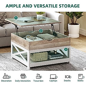 YITAHOME Lift Top Coffee Table, Square Farmhouse Coffee Table, Coffee Table with Double Storage, Rustic Wood Center Table for Living Room,Grey Wash