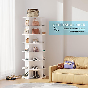 GZOOGHOME 7-Tier Rotating Shoe Rack Tower, Modern Shoes Spinning Display Stand, Round Swivel Shoe Storage Cabinet, Lazy Suan 360 Revolving Shoes Cloest Organization (White)