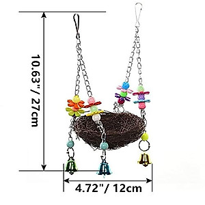 Bird Swing Nest Chew Toy with Bells Natural Rattan for Small Medium Parrots Parakeet Cockatiel Cockatoo African Grey Canary Conure Finch Lovebird Cage Accessories (S)