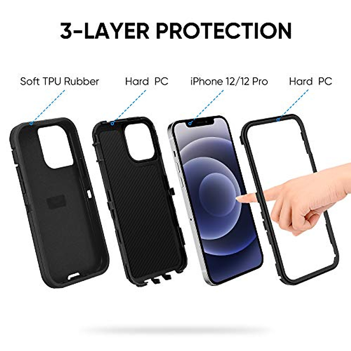 CAFEWICH Compatible with iPhone 12 Case/iPhone 12 Pro Case 6.1-Inch (2020), Heavy Duty Defender 3-Layer Rugged Shockproof Drop Protective Cover Phone Cases for iPhone 12/12Pro,Black
