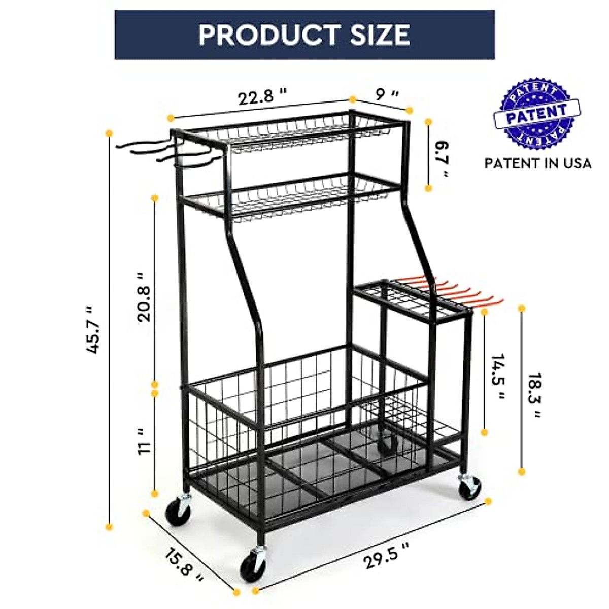Garden Tool Storage for Garage, Yard Tool Organizer for Garage, Shed, Garden, Garage Tool Organizer, Garage Tool Rack on Wheels, Tool Stand for Home, Outdoor, Heavy Duty Steel, Black
