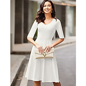 ELESOL Women's A-Line Dress Floral Print Knee Long Tea Dress,White/XL