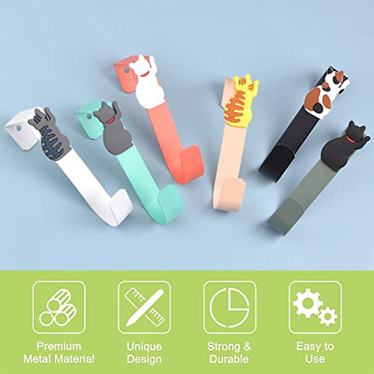 UFURMATE Over The Door Hooks, 6Pcs Sturdy Metal Single Over Door Hooks with Animal Decorative Over The Door Towel Rack for Hanging Towels, Clothes,Bags, Hats (Cat Decoration)
