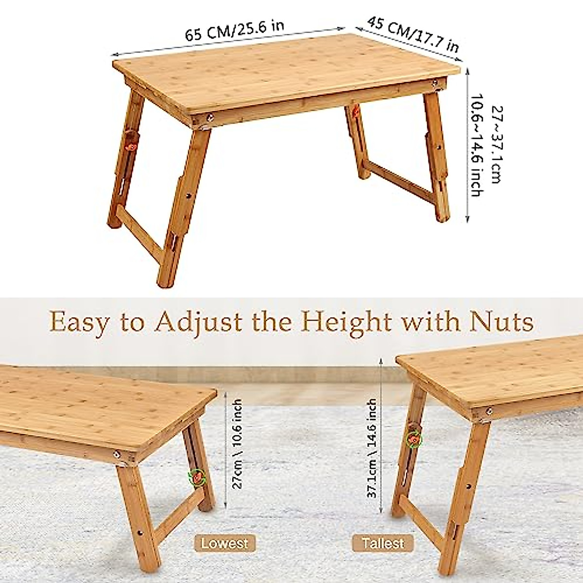 Large Size Laptop Tray Desk Nnewvanet 25.6x17.7in Bamboo Floor Desk Low Table Bed Tray Table,Foldable Adjustable Study Writing Gaming Breakfast Serving Floor Table Support 18in Laptop w' 4 Leg Lock