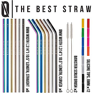 BAR NONE Best Straws Set of 12 | 10.5" Long Wide Rainbow Multi Colored Stainless Steel Metal Drinking Straws Reusable Straight & Curved Cleaning Brushes & Silicone Tips Straw Brush Cup Drinks