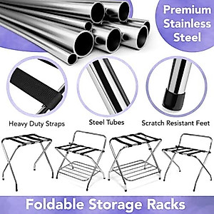 USTECH 2 Tier X-Shape Folding Luggage Rack with High Back | Durable Metal Stand & Heavy-Duty Nylon Straps for Guest Room Storage & Suitcase Holder | Perfect for Bedroom & Closet