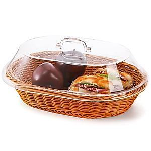 Peohud 13.4'' Imitation Rattan Bread Basket with Acrylic Lid, Natural Oval Wicker Loaf Bread Basket, Woven Food Fruit Vegetables Serving Basket for Tabletop, Restaurant