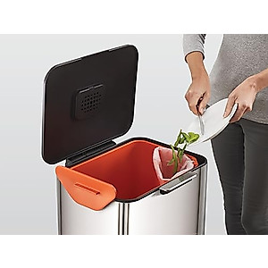 Joseph Joseph Totem Max 60 Liter Waste Separation and Recycling Kitchen Trash Can with Odor Filter and Removable Food Waste Caddy, Stainless Steel