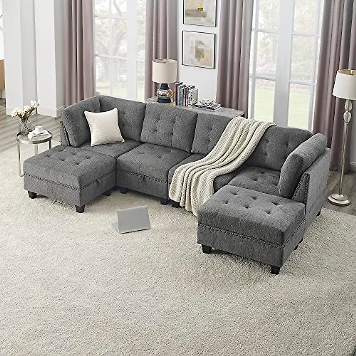 Free Combination Sectional Sofa Oversized Reversible Modular Couch U Shaped Corner Sofá Upholstered Deap Seat Sleeper Couches Bed with Storage for Living Room,2 Single Chair,Two Corner,Double Ottoman