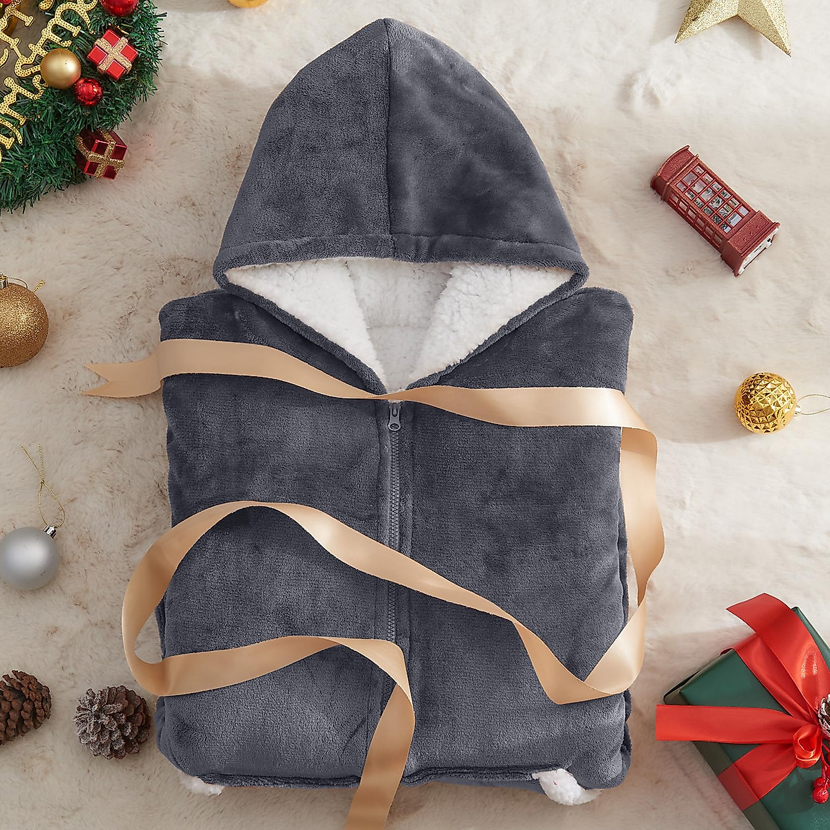 JOYWOO Kids Wearable Blanket Hoodie, Oversized Sherpa Hooded Blanket Birthday Christmas Gifts for Girl Boy, Cozy Sweatshirt Blanket with Giant Pocket and Zipper, Gray