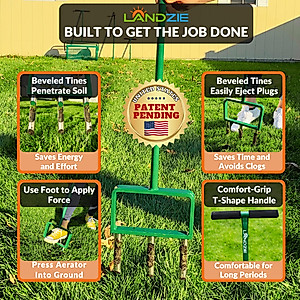 Landzie Hollow Tine Fork Lawn Aerator - 42 Inch Manual Stainless Steel Gardening Hand Tool - Grass Dethatcher Aerator Lawn Tool with Coring Tines for Compacted Soil - Lawn Plugger Aerator…