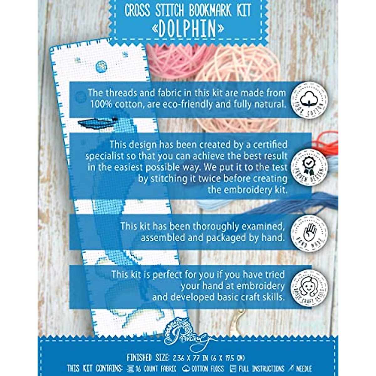 Dolphin Counted Cross Stitch Bookmark Kit for Adults - DIY Embroidery Book Marker Set with Paper Pattern, 16 Count Aida Canvas and Pre-Sorted Floss