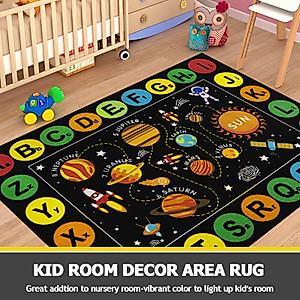 Capslpad Black Outer Space Kids Play Rug ABC Alphabet Kids Play Mat for Toddlers Non Slip Solar System Star Planets Nursery Rug for Baby Girl Boy Kids Carpet for Bedroom Playroom Nursery Decor,5'x6.6'