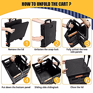 SELORSS Foldable Utility Cart Rolling Crate Handcart 110lbs Large Capacity Shopping Cart with 360°Rotate Noiseless Wheels & Telescoping Handle for Transports Groceries Office School Use(Black