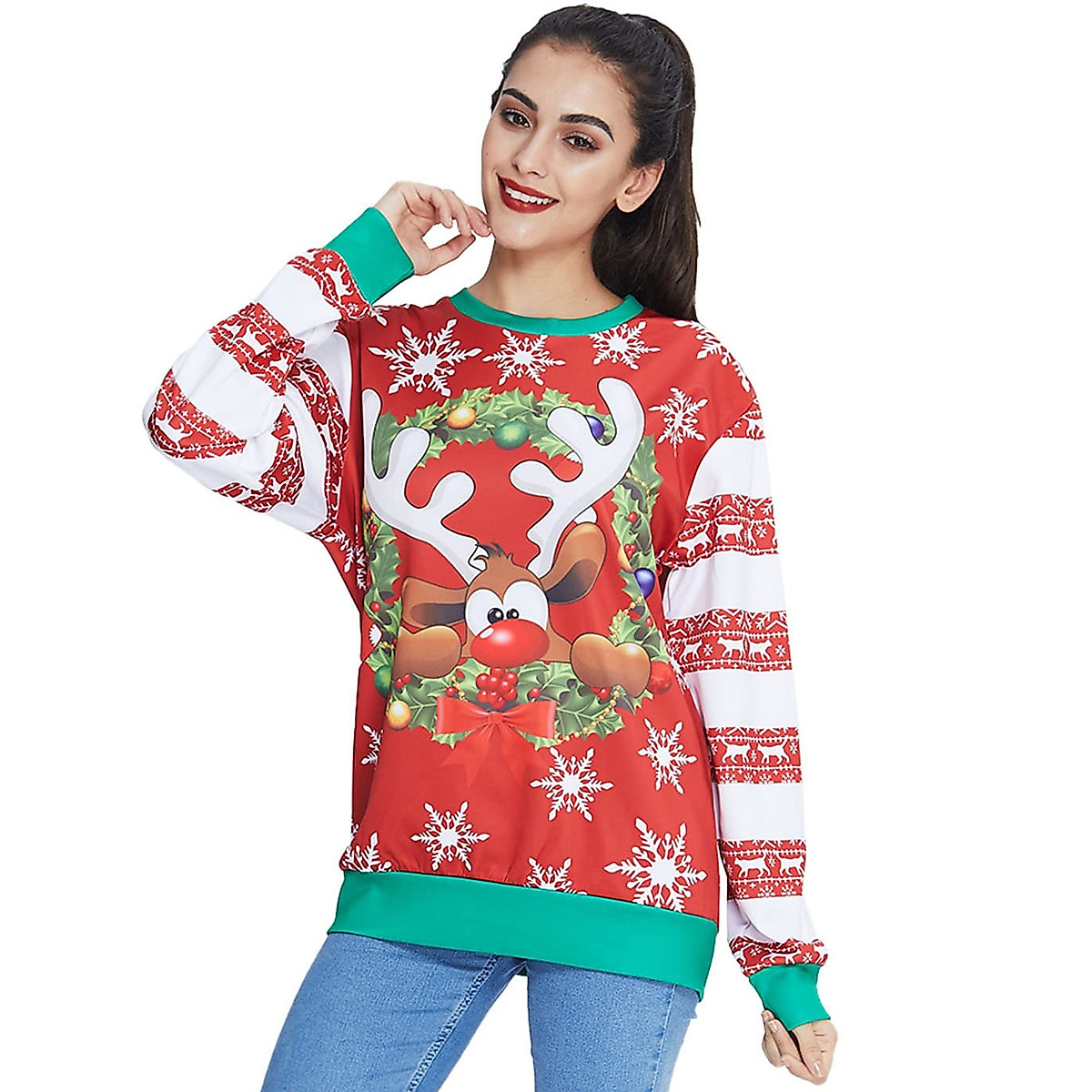 Ahegao Ugly Christmas Sweaters for Men Women Fancy Cute Deer Garments Xmas Crazy Shirts Coat Stylish Eye Catching Personalized Pullover Sweatshirts for Male Guys Festival Party Clothing XL