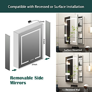 Benime 24x32 Inch, LED Lighted Bathroom Medicine Cabinet with Mirror, Surface or Recessed Medicine Cabinet with Lights, Defogger, Stepless Dimming&Color Temps, 2 Outlets&USBs, 3 Storage Shelves