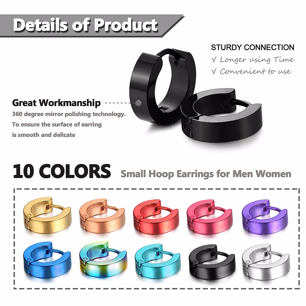 EIELO 10 Pairs Stainless Steel Small Hoop Earrings for Men Women Huggie Earrings Cool Mens Earrings Set Multicolor Huggie Hoop Earrings Piercing Cartilage Helix Lobes Sleeper Hoop Earrings Set 4MM