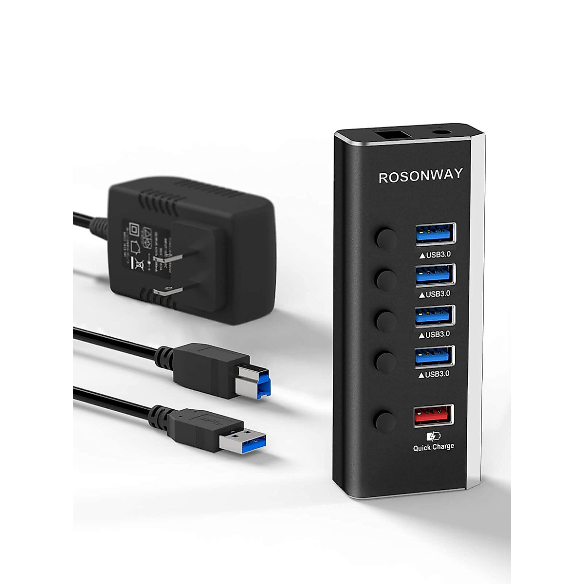 Powered USB Hub Rosonway Aluminum 5 Port USB Hub Expander with 4 USB 3.0 Data Ports and 1 Fast Charging Port, USB Hub 3.0 Splitter with 24W(12V/2A) Power Adapter and Individual Switches (RSH-A35)