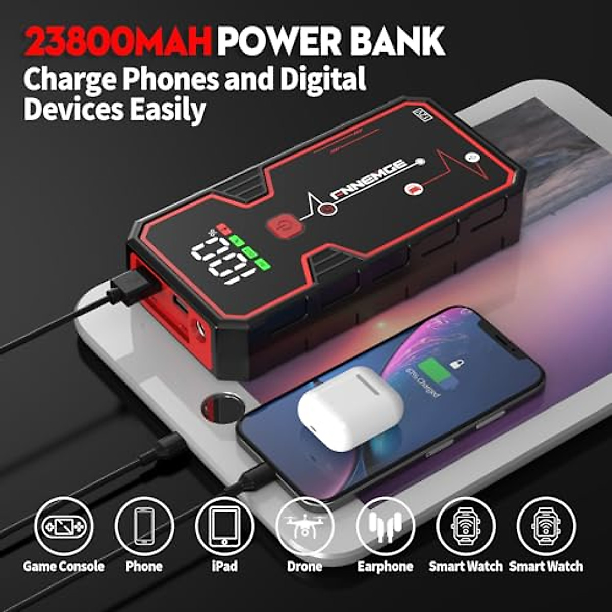 FNNEMGE Car Jump Starter, 5000A Peak 23800mAh 12V Jump Starter Battery Pack(Up to All Gas, 8.0L Diesel Engine),with USB Charge Output Port,LED Light,HD Large Screen.