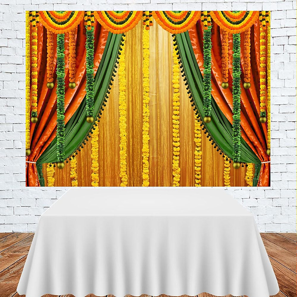 Lofaris India Pooja Backdrop Puja Ganpati Photography Traditional Banana Leaf Green Chatiya Ganesh Mehndi Festival Background Decorations Wedding Party Marigold Garlands Photo Props 7x5ft
