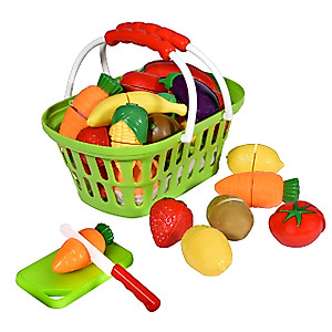 Playkidz: Fruit and Vegetables Basket Pretend Play Kitchen Food Educational Playset with Toy Knife, Cutting Board (32 Pieces of Food Toys)