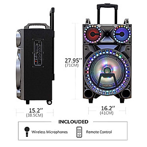 Starqueen Karaoke Machine Portable Karaoke Speaker for Adults and Kids 12” Woofer Rechargeable PA System with 2 Wireless Micorphone/Remote/Wheels/DJ Lights, Karaoke Party Amplifier Sound System