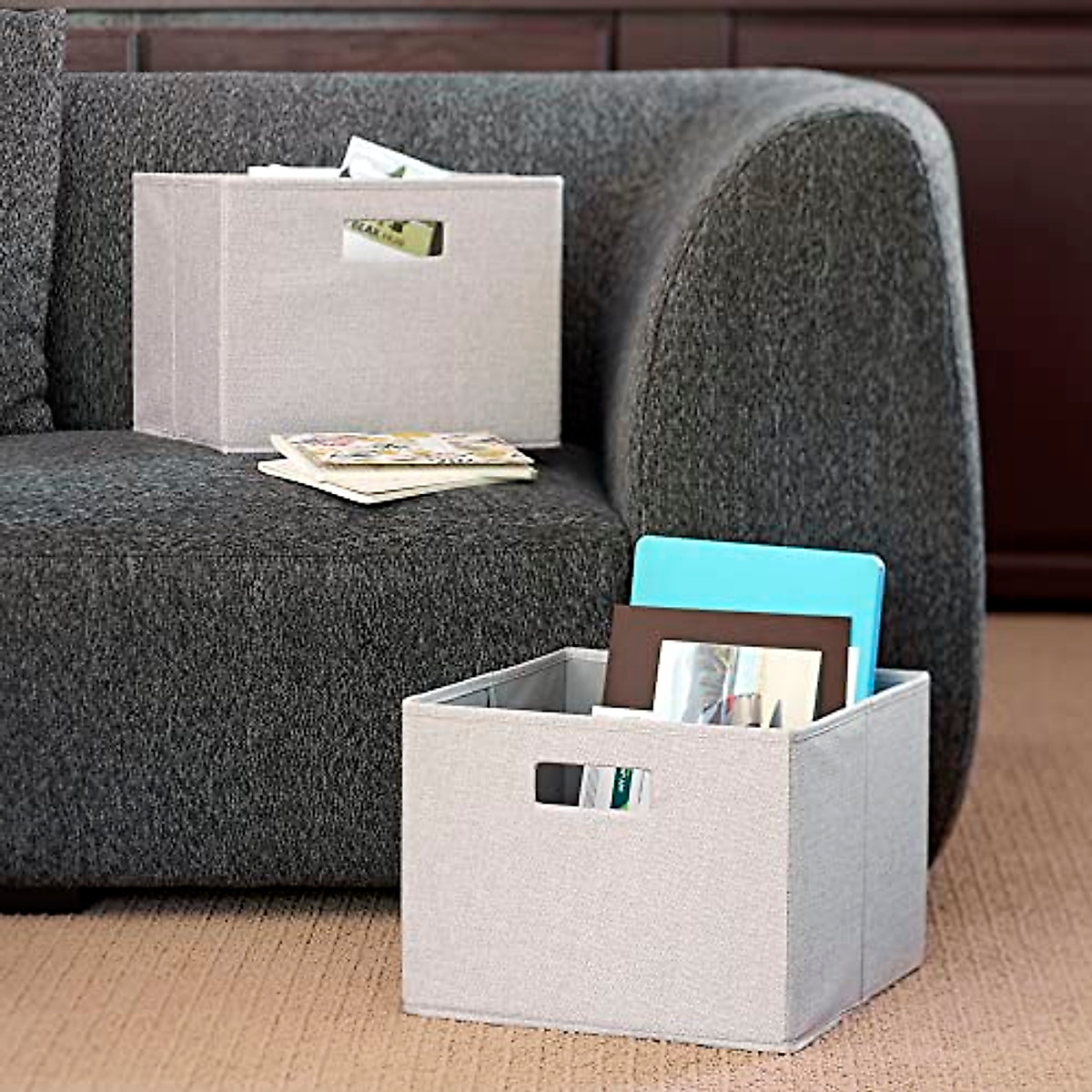 Household Essentials Fabric Storage Bins 2 Piece Set, Strong Poly-Woven Fabric, Sturdy Chipboard Sides