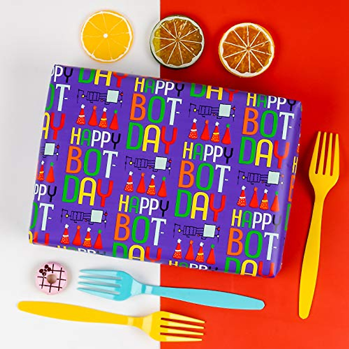 WRAPAHOLIC Reversible Wrapping Paper - 24 inch X 65.6 feet Jumbo Roll Colorful Happy Bot Day Lettering Design, Perfect for Birthday, Party, Holiday, Baby Shower Packing
