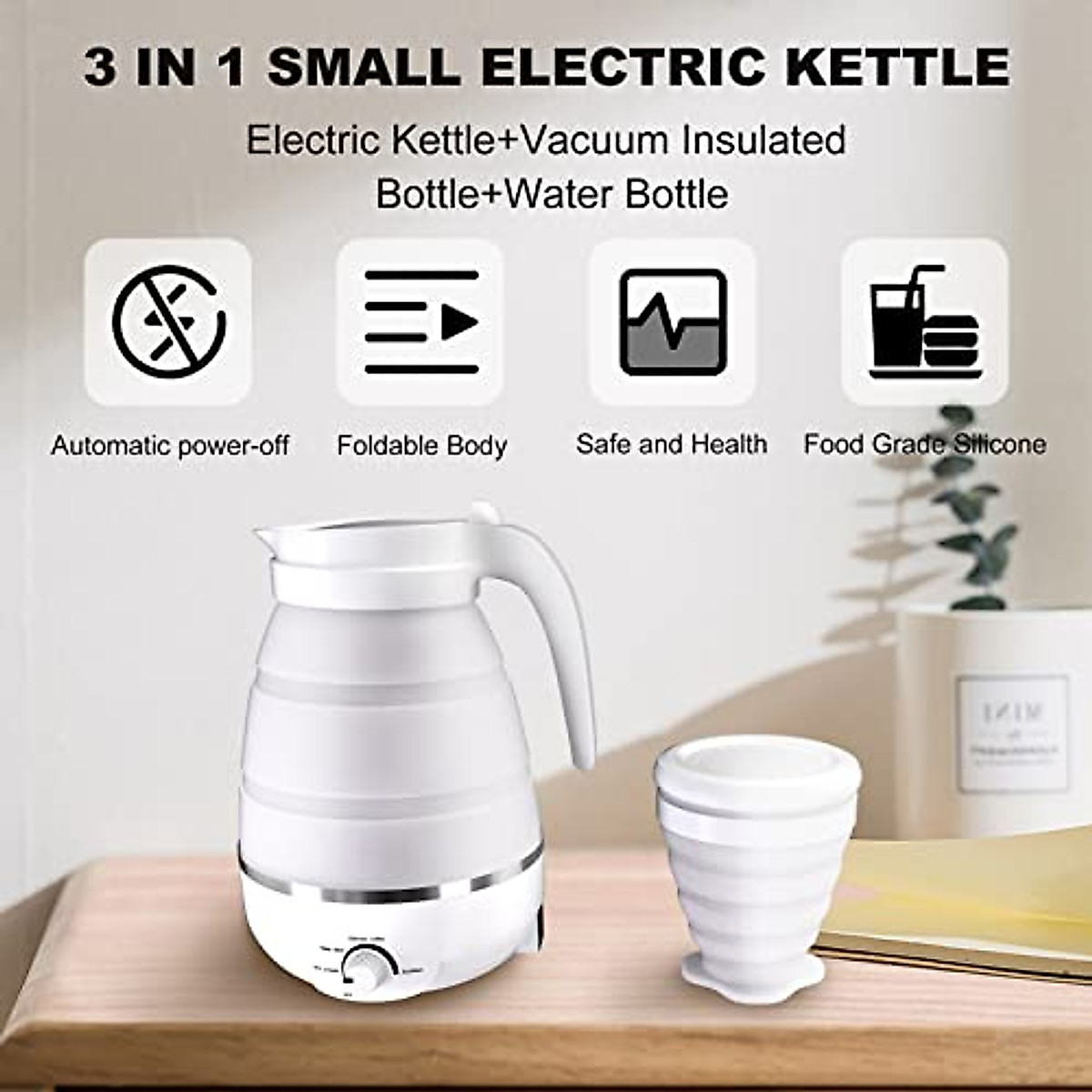 Foldable Electric Kettle, Travel Kettle with 2 Foldable Cup Set, Portable Boiler with Multiple Setting, Collapsible Heater for Water Milk Coffee Tea