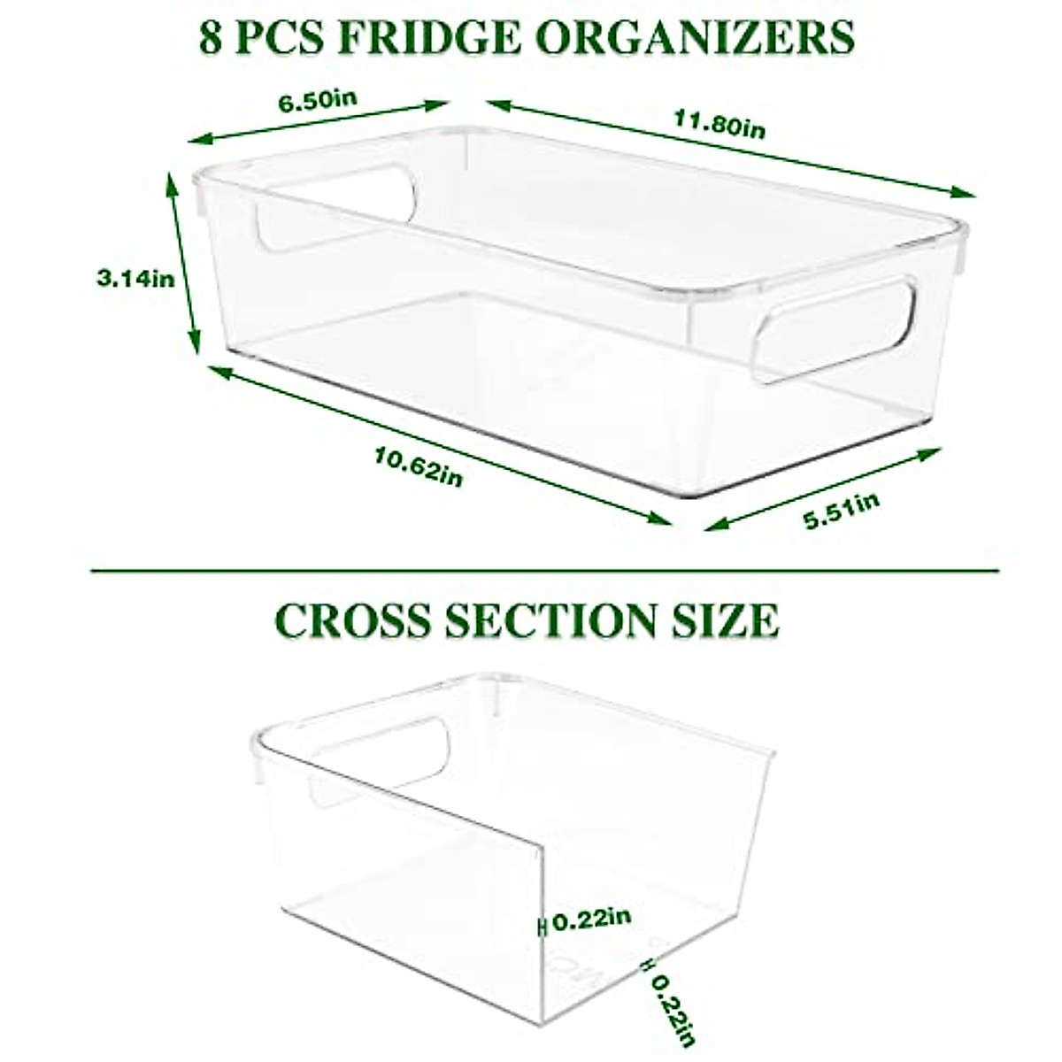 8 pack Refrigerator Organizer Bins, Organizer Bins with Handles, Fridge Organizer for Freezers, Kitchen Countertops and Cabinets, Food Grade BPA-free(Clear)