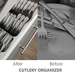 KAKUNM Flatware Drawer Organizer Expandable Adjustable Utensils Silverware Tray for Drawer, Spoon Knife and Fork Partition Storage,Large, Gray
