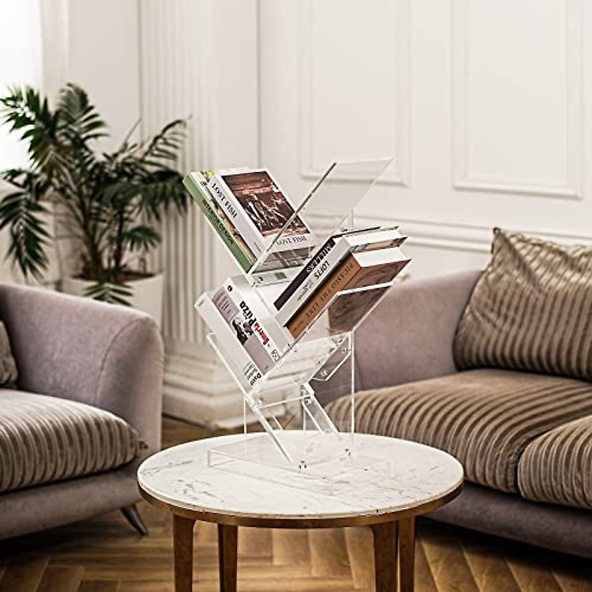 Aizesuro Tabletop Acrylic 3-Tier Standing Tree Bookshelf, CDs/Movies/Books Storage Rack, Organizer Bookcase Shelves for Home Office, Living Room, Bedroom