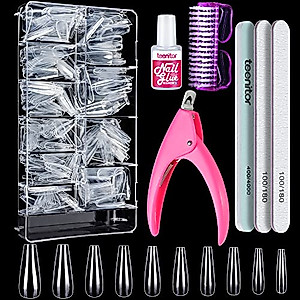 Clear Coffin Nail Tips Set, Teenitor Long Acrylic Nail Tip Full Cover Clear Press On Nails, 600pcs Ballerina False Nails Tips With Nail Glue, Acrylic Nail Clipper Files And Buffer Polisher Nail Brush for Beginners