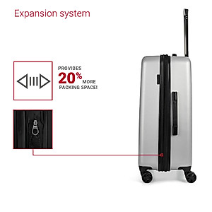 Swiss Mobility LGA Collection 3 Piece Hard Shell Luggage Set, Expandable Suitcases with 360-Degree Spinner Wheels, Retractable Handle, 20 Inch Carry On, 24 Inch Mid-size, 28 Inch Large Bags, Silver