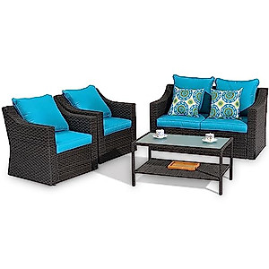 HEYNEMO Outdoor Patio Furniture Sets, 4 Pieces Outdoor Sectional Rattan Sofa Set, Brown PE Wicker Patio Conversation Sets with 8 PCS Lake Blue Washable Cushion and Tempered Glass Table