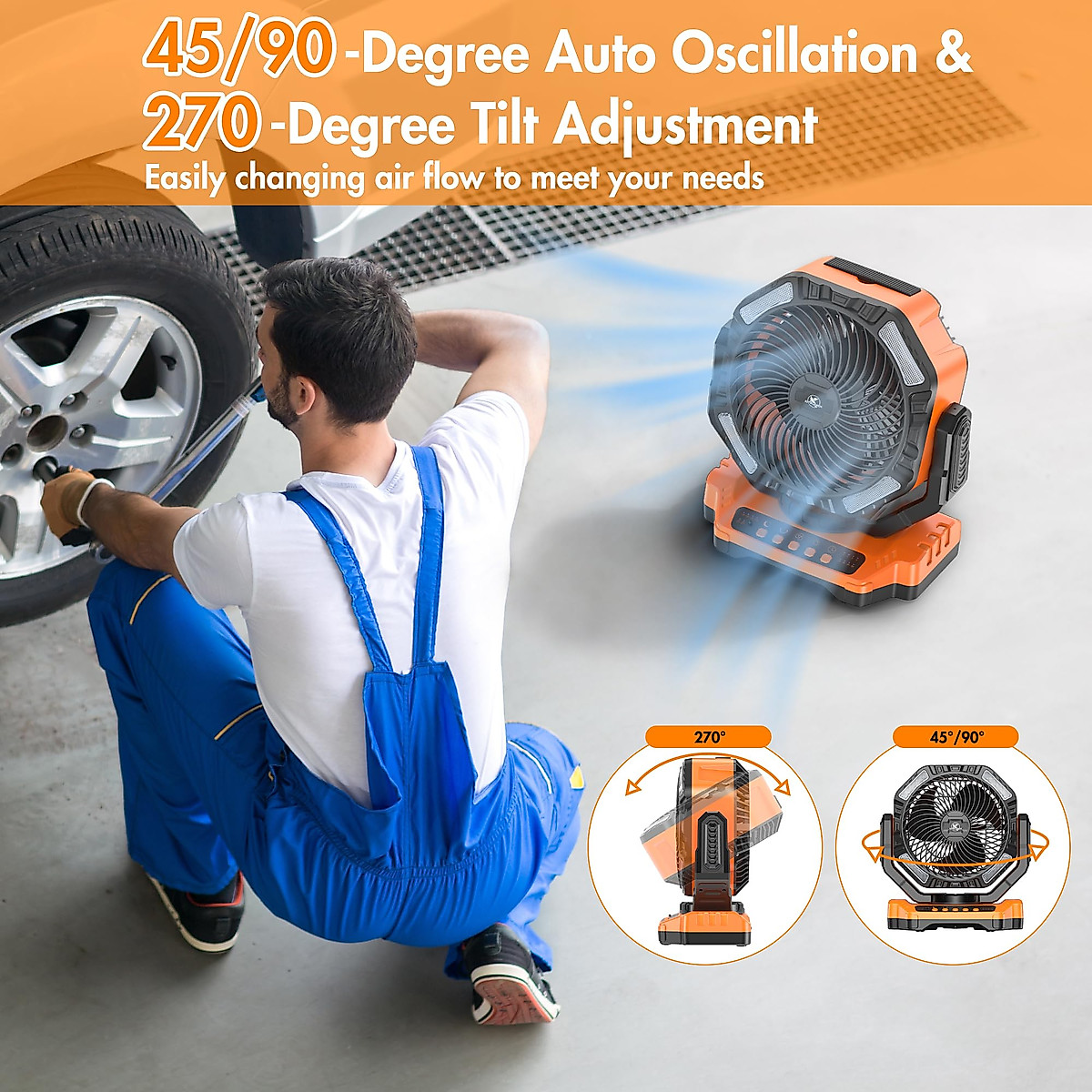 40000mAh Rechargeable Fan, Battery Operated Oscillating Outdoor Fan, Battery Powered Table Fan for Home Hurricane Jobsite Garage, Portable Tent Fan with Remote Light Hook for Camping Trip RV