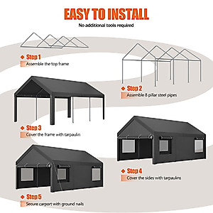 JAMFLY Carport, 12x20 ft Heavy Duty Carport Canopy with Roll-up Windows, Portable Garage with Removable Sidewalls & Doors, Car Canopy with All-Season Tarp for Car, Truck, Boat