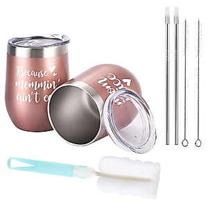 GINGPROUS Mom Gifts, 2 Pack Mom Juice&Because Mommin Ain’t Easy Wine Tumbler, Mother’s Day Birthday Christmas Gifts for Mother Mom Mama Mommy, 12oz Stainless Steel Insulated Wine Tumbler, Rose Gold