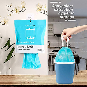 Small garbage bag, 0.8-1.2 gallon drawstring garbage bag, garbage bag lining, super strong 60 count for household, kitchen, office, car (blue, 0.8-1.2 gallons (60 count)(Hook inside the bag)