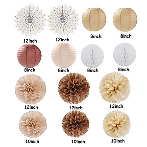 Boho Baby-Shower Party-Decorations Streamers-Lanterns - 14pcs White Brown Champagne Neutral Birthday Wedding Bridal Paper Fan,Tissue Pom Poms,Honeycomb Balls,Engagement Fall Christmas Decor Ouruola