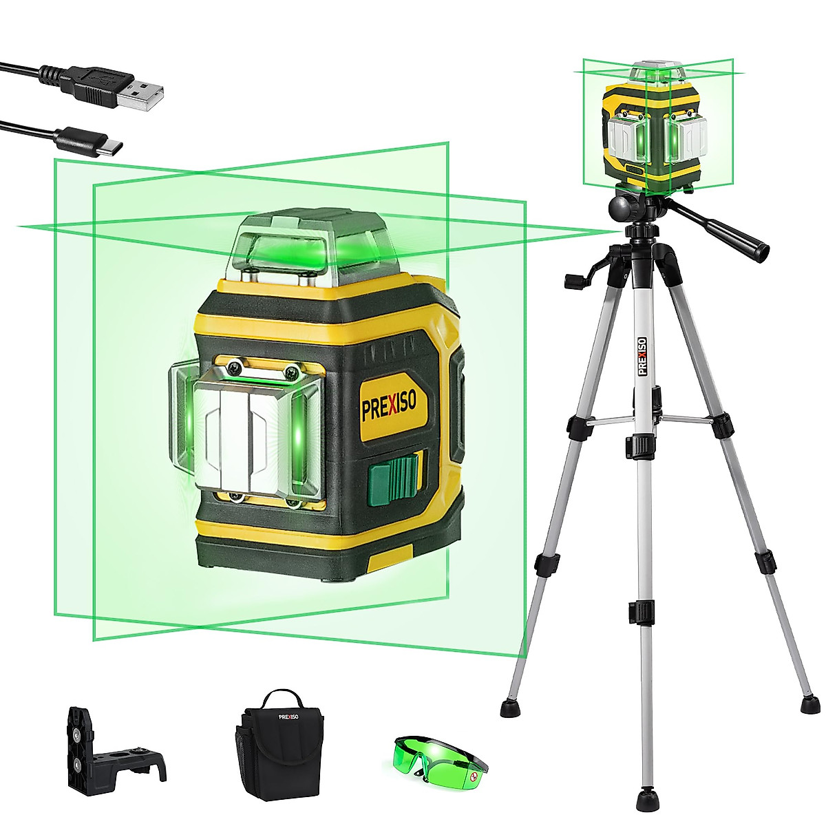 PREXISO Laser Level 3 X 360° Self Leveling - Rechargeable Cross Line Leveler, Green Line Laser Level with Tripod, Magnetic Base, Green Glasses, Portable Bag for Construction, Tile, Home Renovation