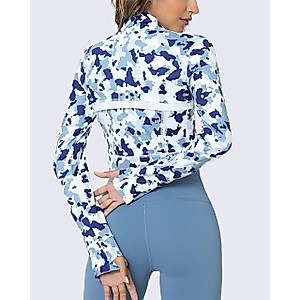GYM RAINBOW Women's Cropped Full Zip Athletic Jackets Lightweight Slim Fit Workout Jacket with Thumb Holes(#6 Blue And White Camo,Medium)