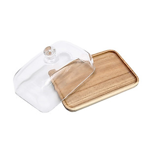 EATAKWARD Acacia Wood Butter Dish with Clear Glass Cover Lid, 7'' x 4.7'' x 4'' Wood Butter Tray for Dinner Plate Dessert Cake Refrigerator& Counter for Butter, Block of Cream Cheese& Serving Dish