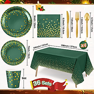 Tegeme 256 Pcs Dark Green and Gold Party Supplies Christmas Paper Plates Napkins Cups Gold Dot Disposable Tablecloths Plastic Forks Knives Spoon Serve 36 Guest for Birthday Graduation Party Decoration