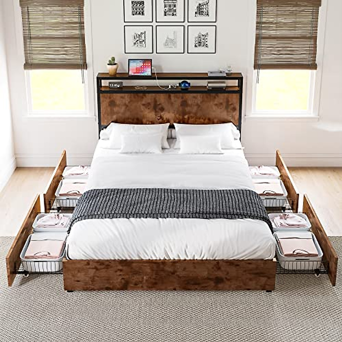 LUXOAK Full Size Bed Frame with 4 Storage Drawers, Wooden Platform Bed with 2-Tires Storage Headboard and Charging Station, No Box Spring Needed/Noise Free/Rustic Brown