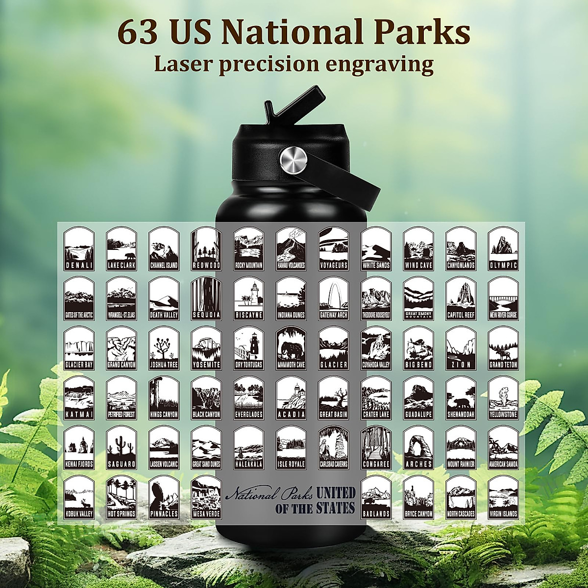 National Parks Water Bottle with Stickers | 32oz Leakproof Insulated Stainless Steel with Straw | Perfect for Hiking, Camping & Travel (Black)