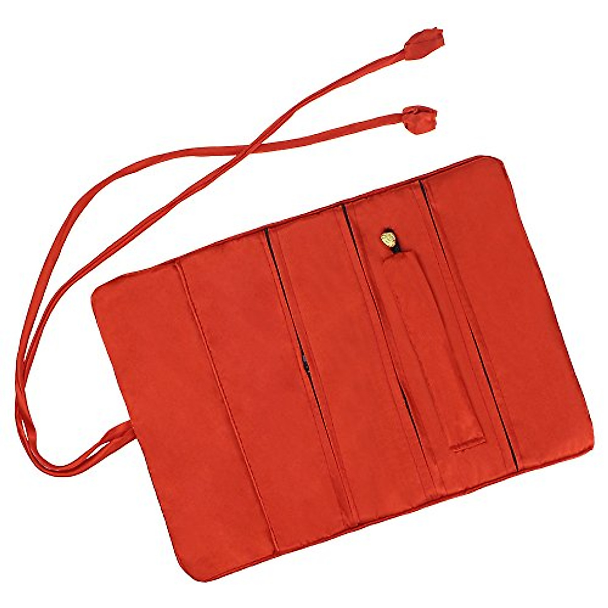 Lidwot 1 Piece Red Embroidery Flower and Bird Silk Brocade Jewelry Roll Bag,Travel Jewelry Organizer Bag with Ribbons Tie Close